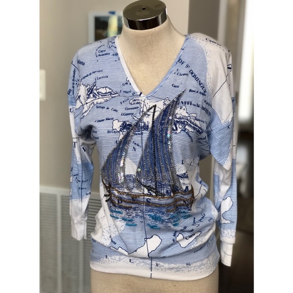 Vintage | Tops | Vintage Bonnie Boerer Nautical Map Sweat Pullover ...